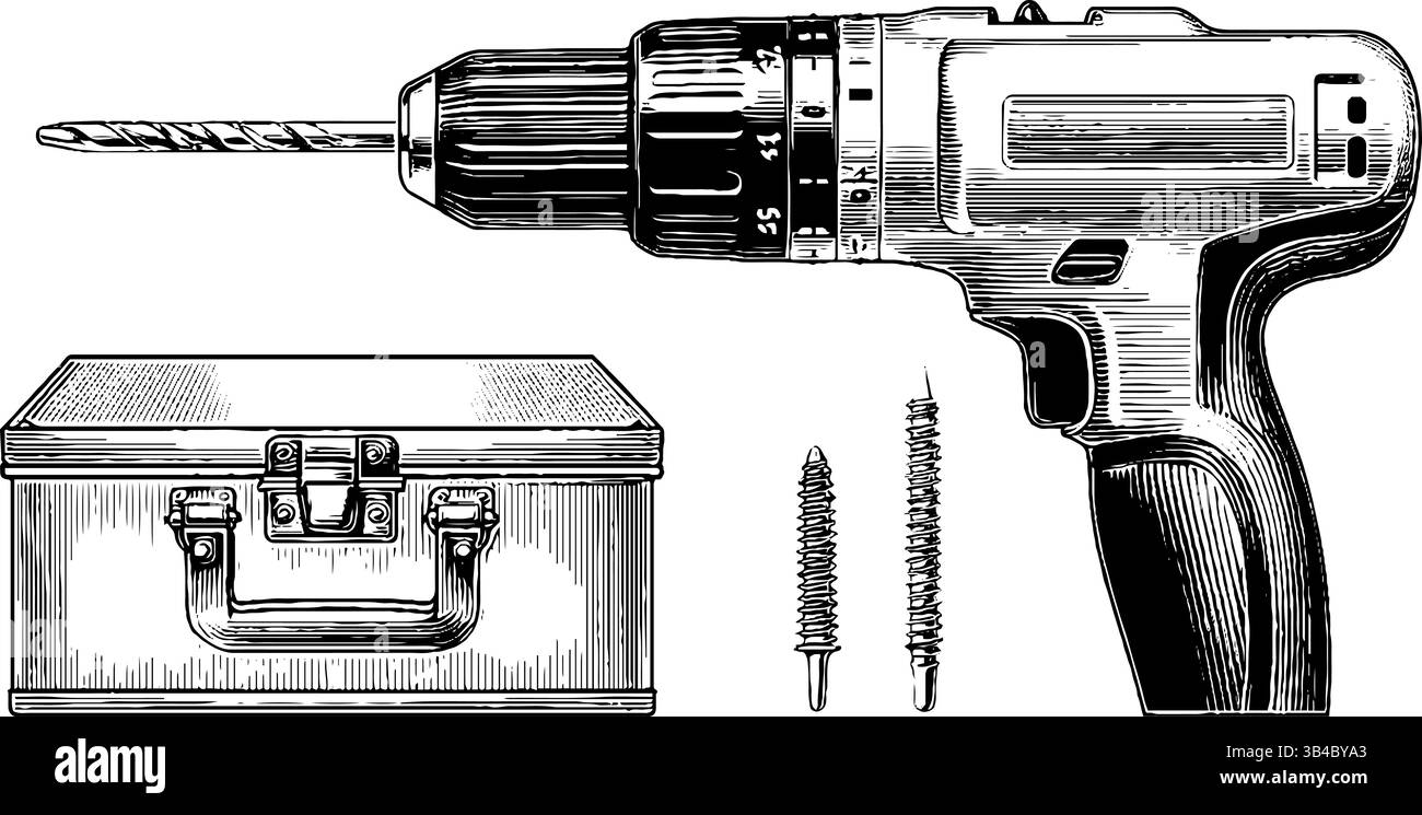 Vintage engraved illustration of cordless drill with screws and tool ...