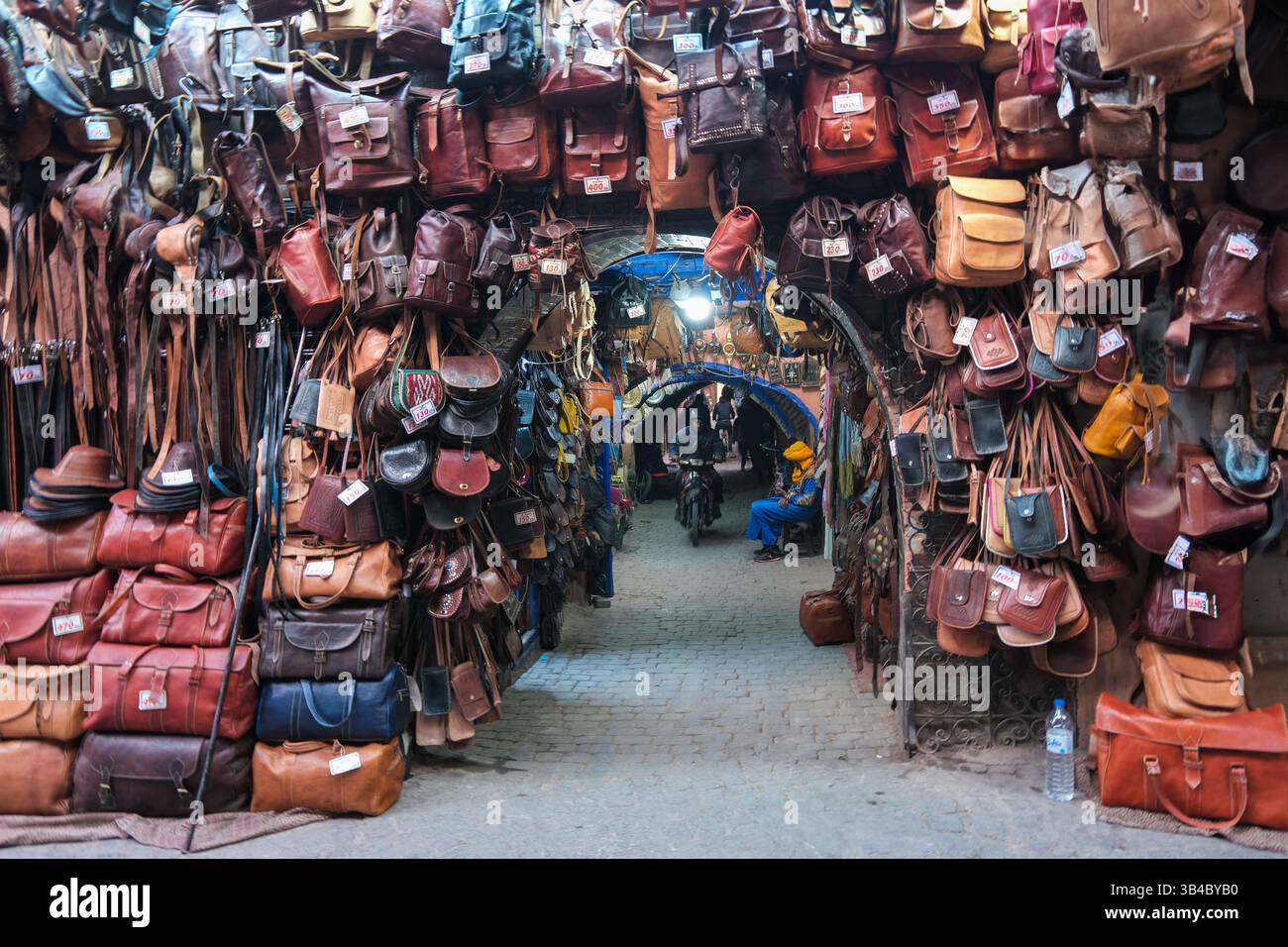 27 DEC Marrakesh, Morocco - Leather goods and Bags on display in a ...