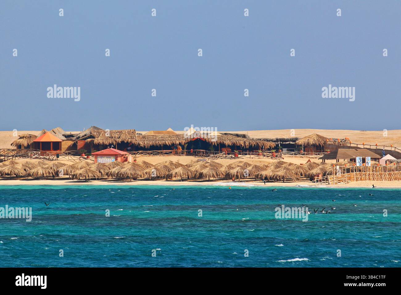 Thatched beach huts and a wooden pier on a remote tropical island in ...
