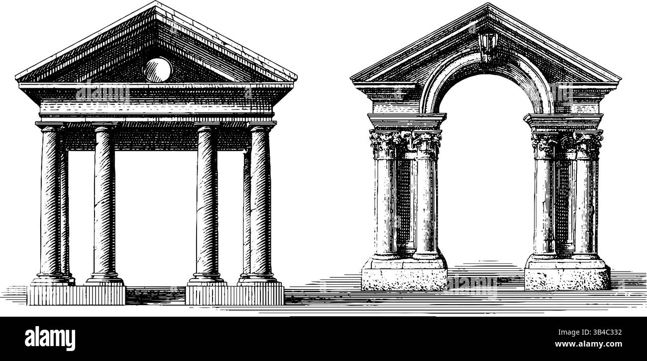 Detailed engraved illustration of classical architectural structures ...