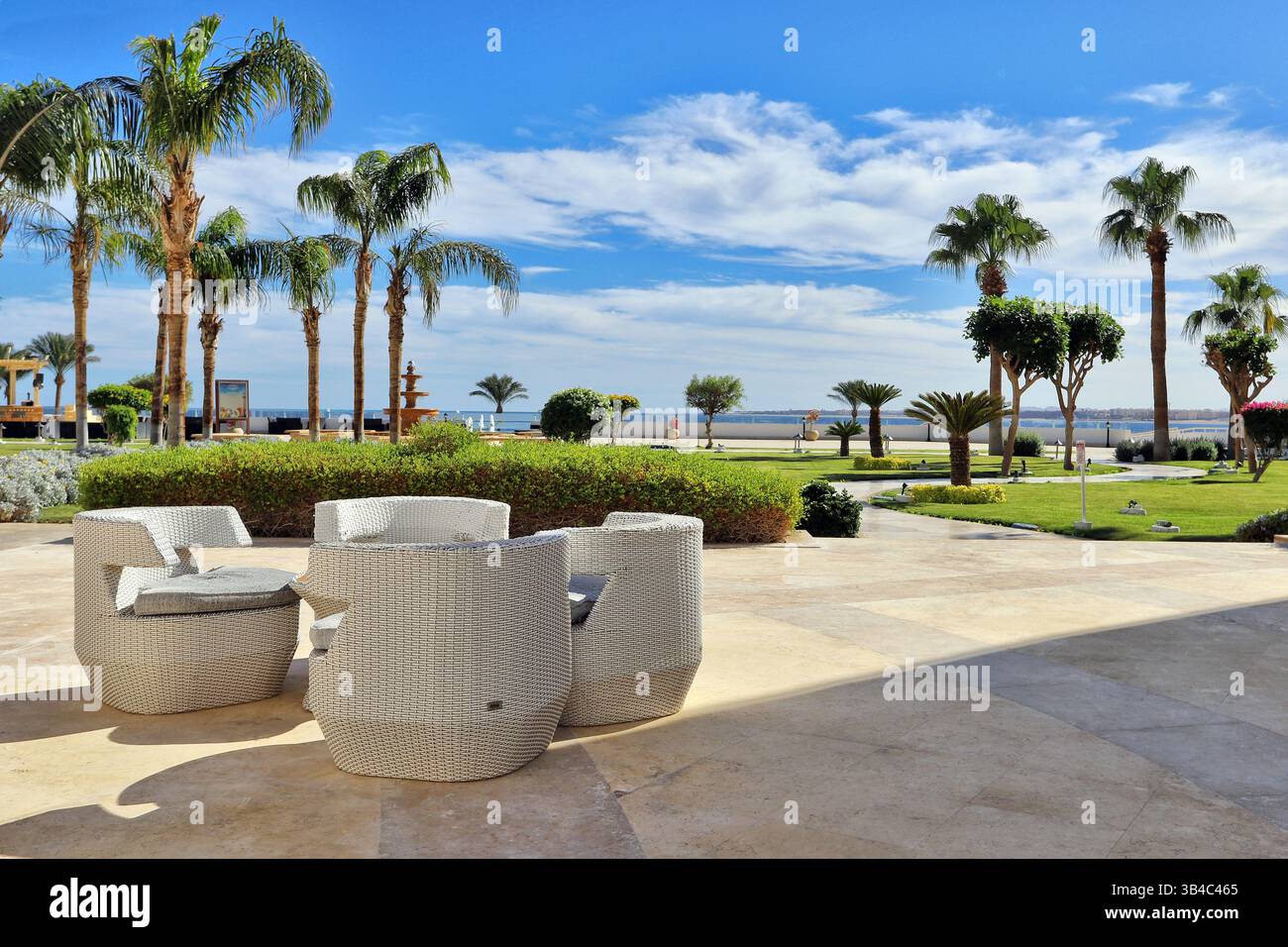 Modern outdoor terrace with white rattan chairs, palm trees, and garden ...