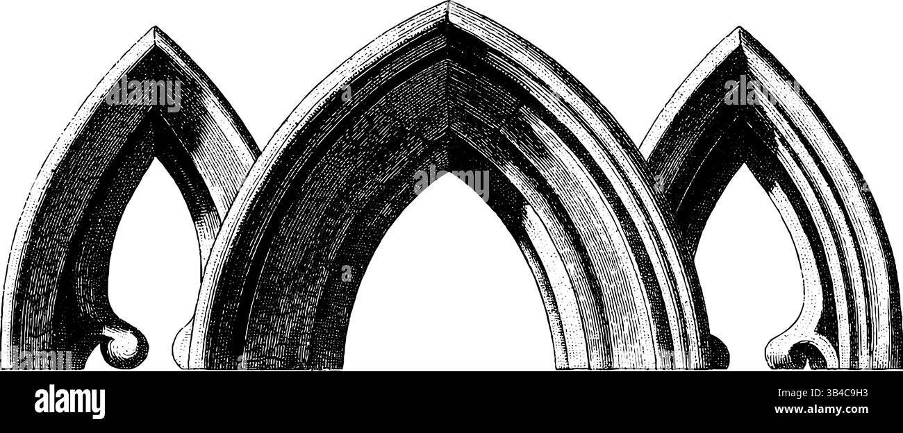 Antique engraved illustration set featuring gothic pointed arches and ...