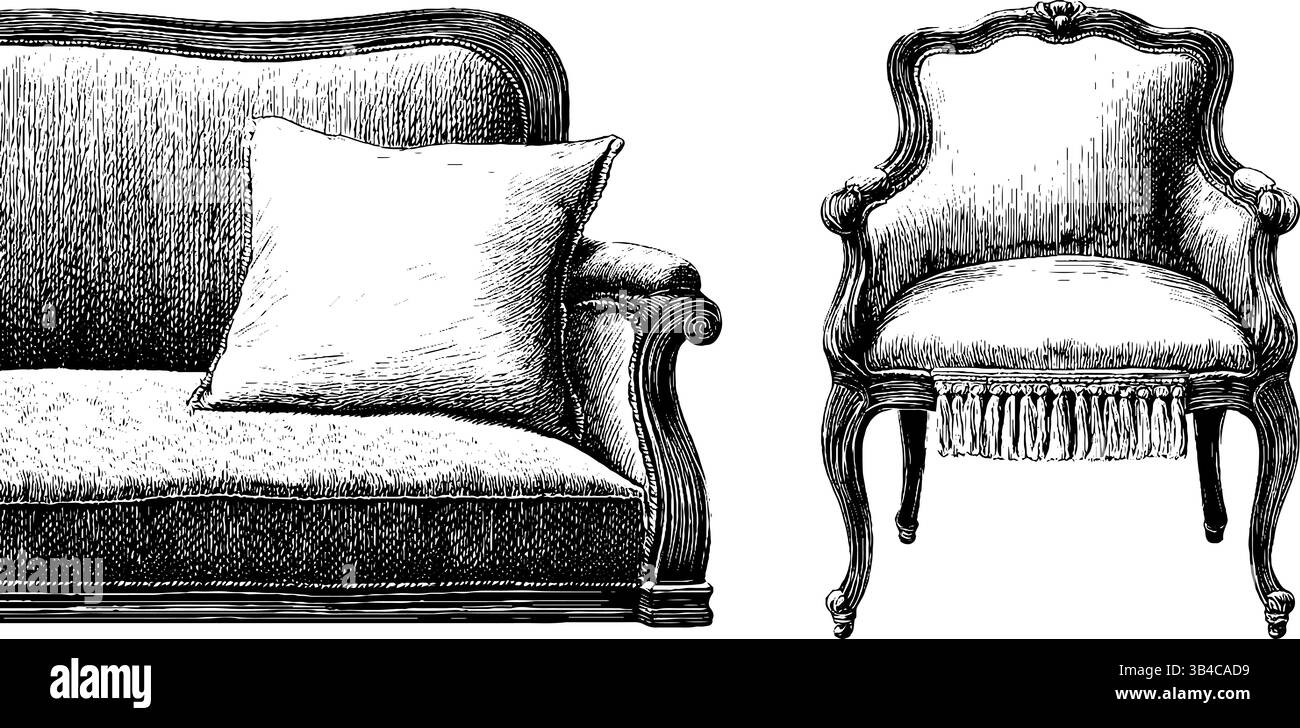 Vintage furniture engravings set featuring classic settee and french ...
