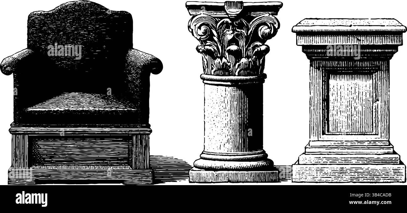 Engraved illustration of ancient theatre elements for educational and ...