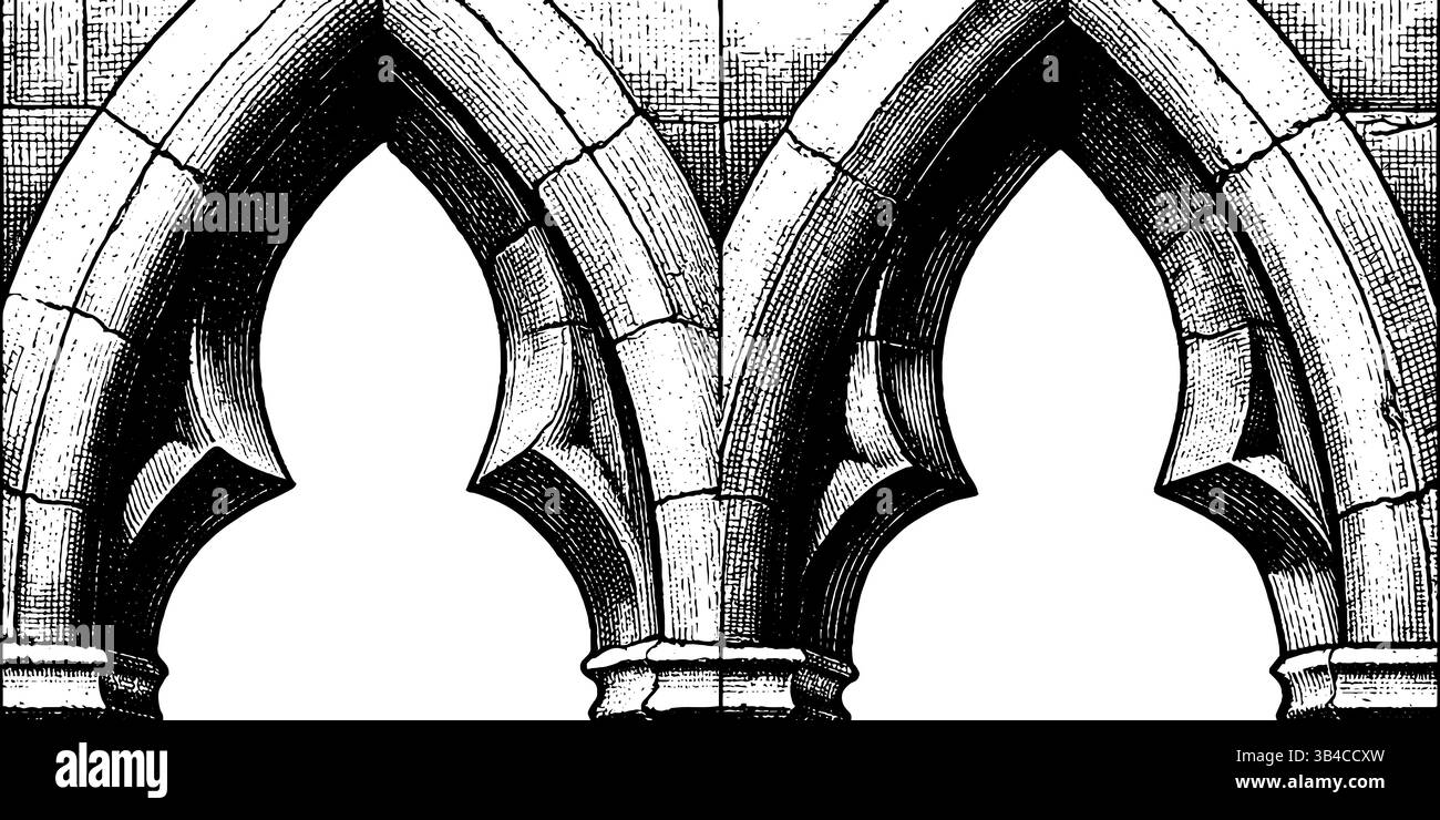 Architectural engraving of stone tracery featuring gothic arch design ...