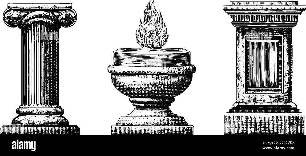 Ornate engraved sacred banners with classical architecture elements ...