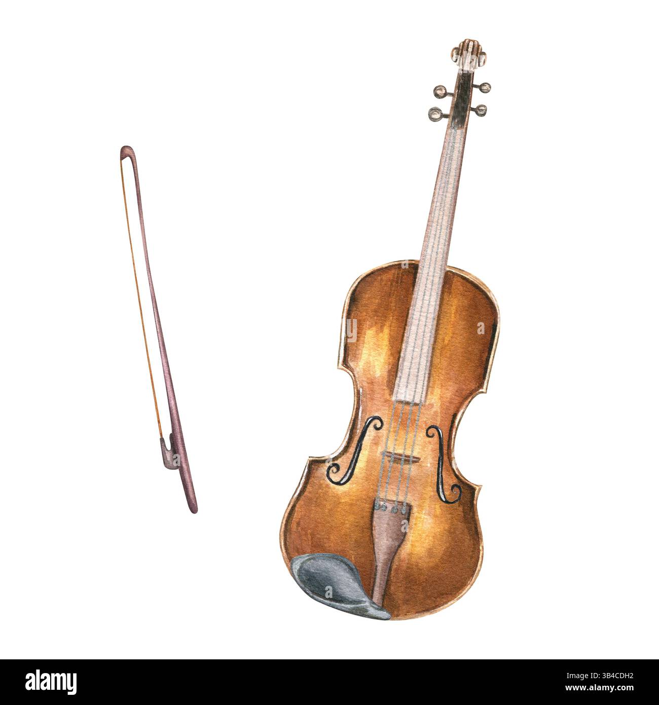 Violin with bow watercolor illustration isolated background. String ...