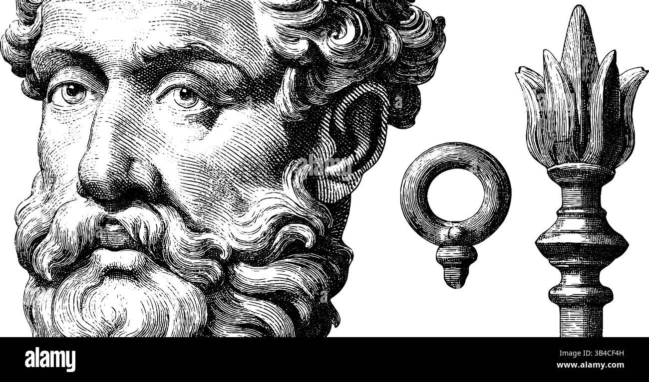 Classic engraved illustration set featuring emperor bust and scepter ...