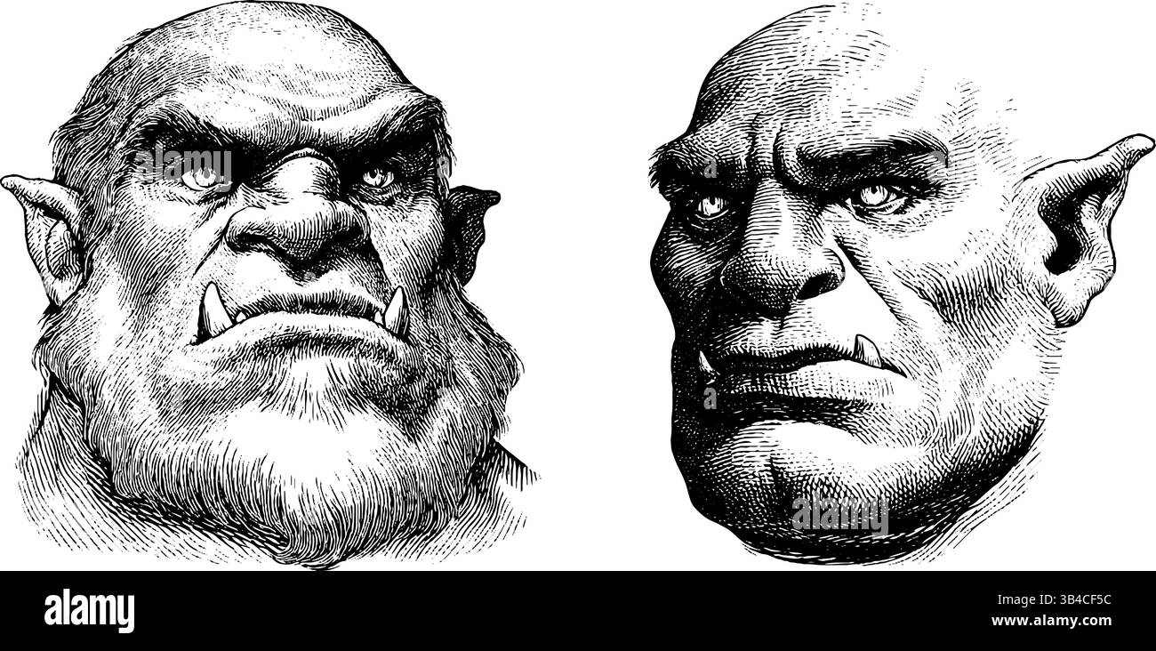 Engraved illustration of giant and troll faces - mythical creature art ...