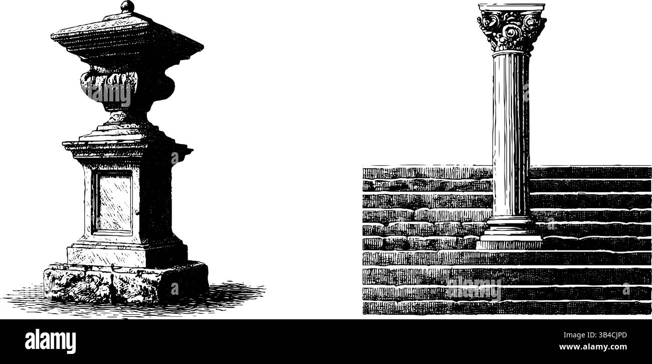 Vintage engraved illustration of stone lantern and classical column ...