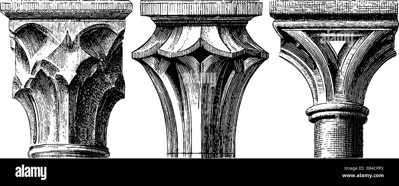 Architectural elements engraving: historic buttress and pier set for ...