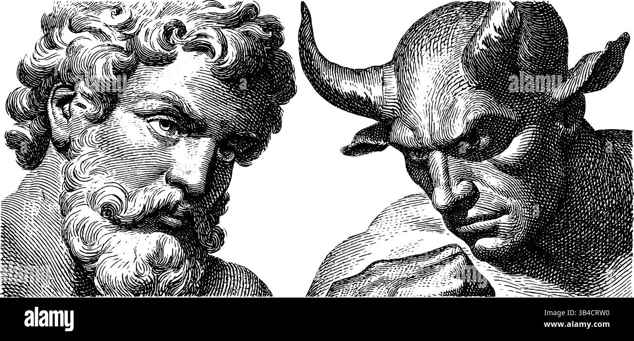 Mythological creatures engraving: centaur and satyr portraits Stock ...