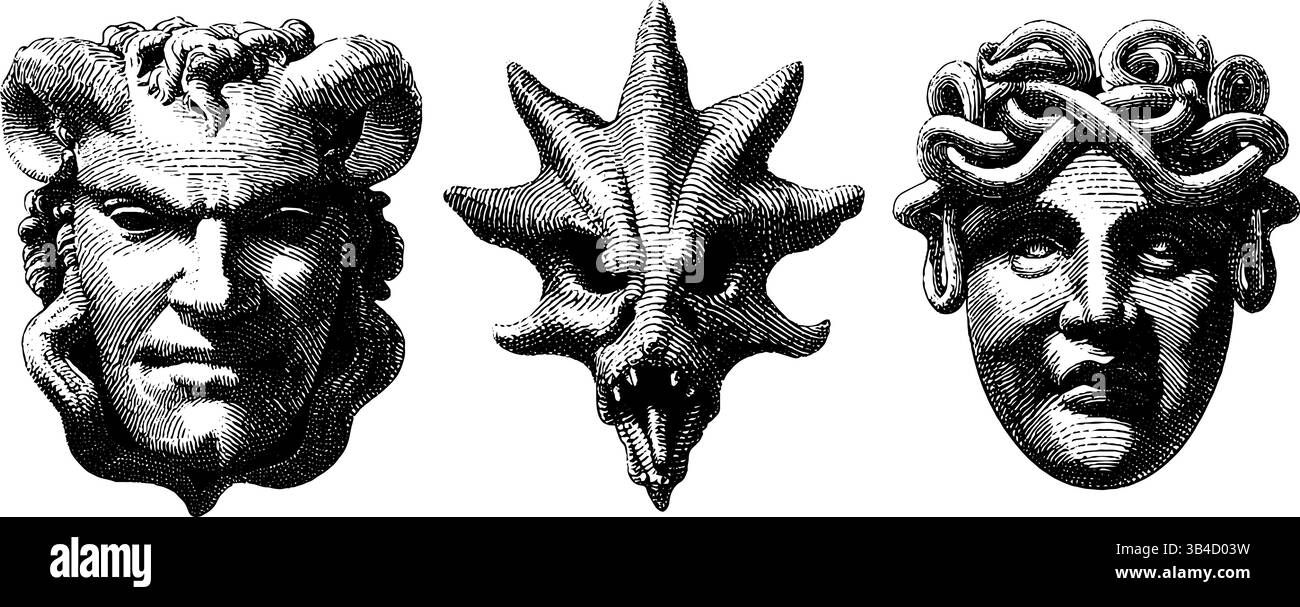 Engraved mythical creatures set featuring chimera and gorgon illustrations for art and design ...