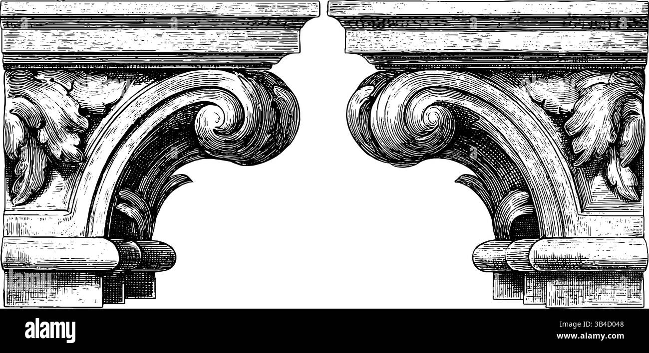 Engraved illustration of ancient cornice elements for architectural ...