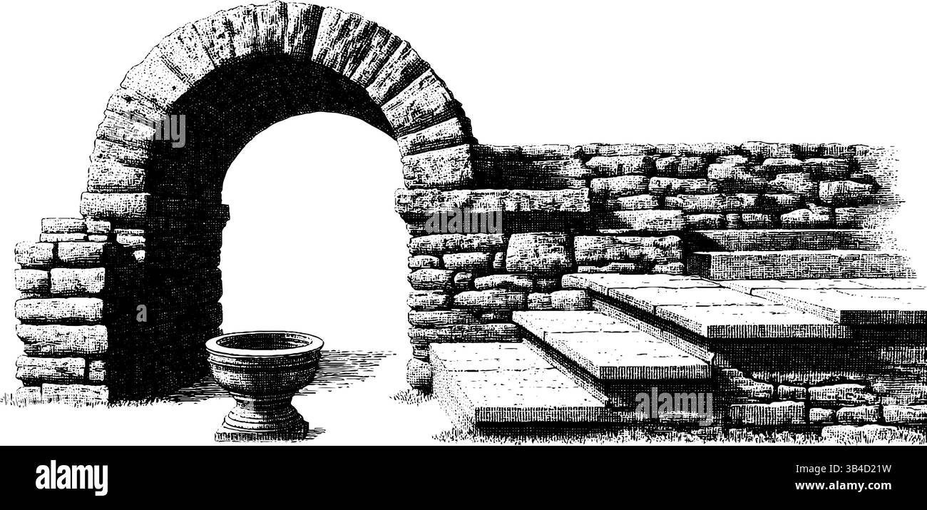 Ancient architectural elements with engraved stone arch and steps ...
