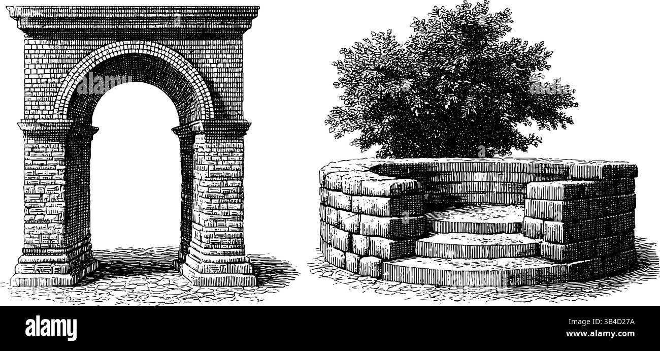 Engraved illustrations of ancient arch and stone well with steps for ...