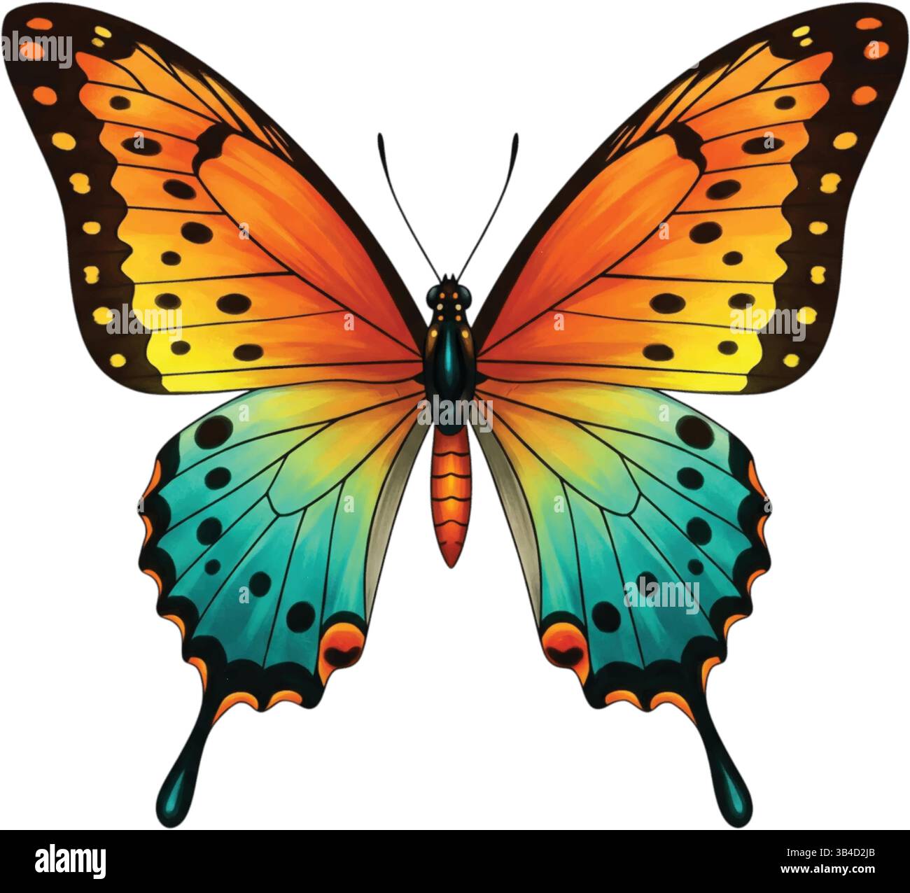 Striking monarch-style butterfly with vibrant orange, yellow, and teal ...