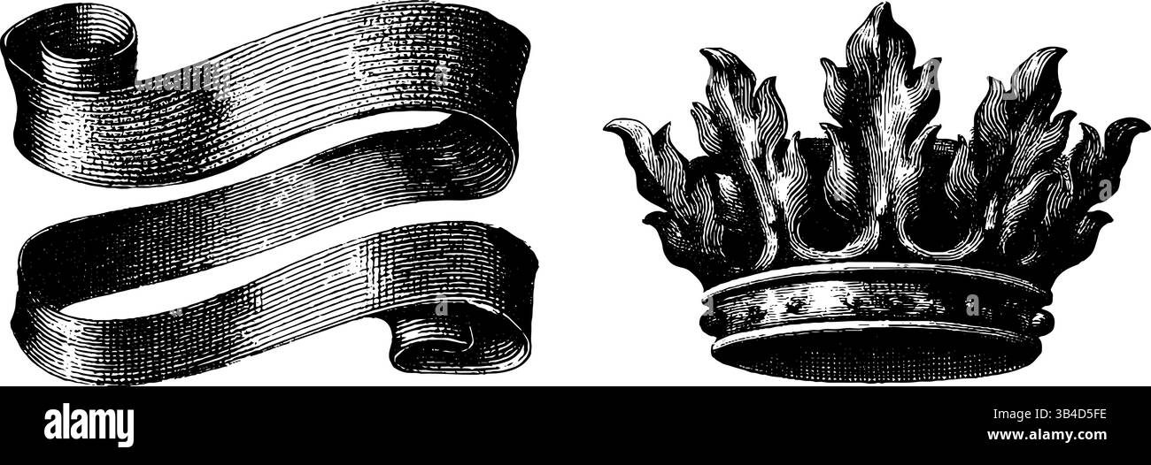 Vintage engraved scroll and crown design for decorative art projects ...