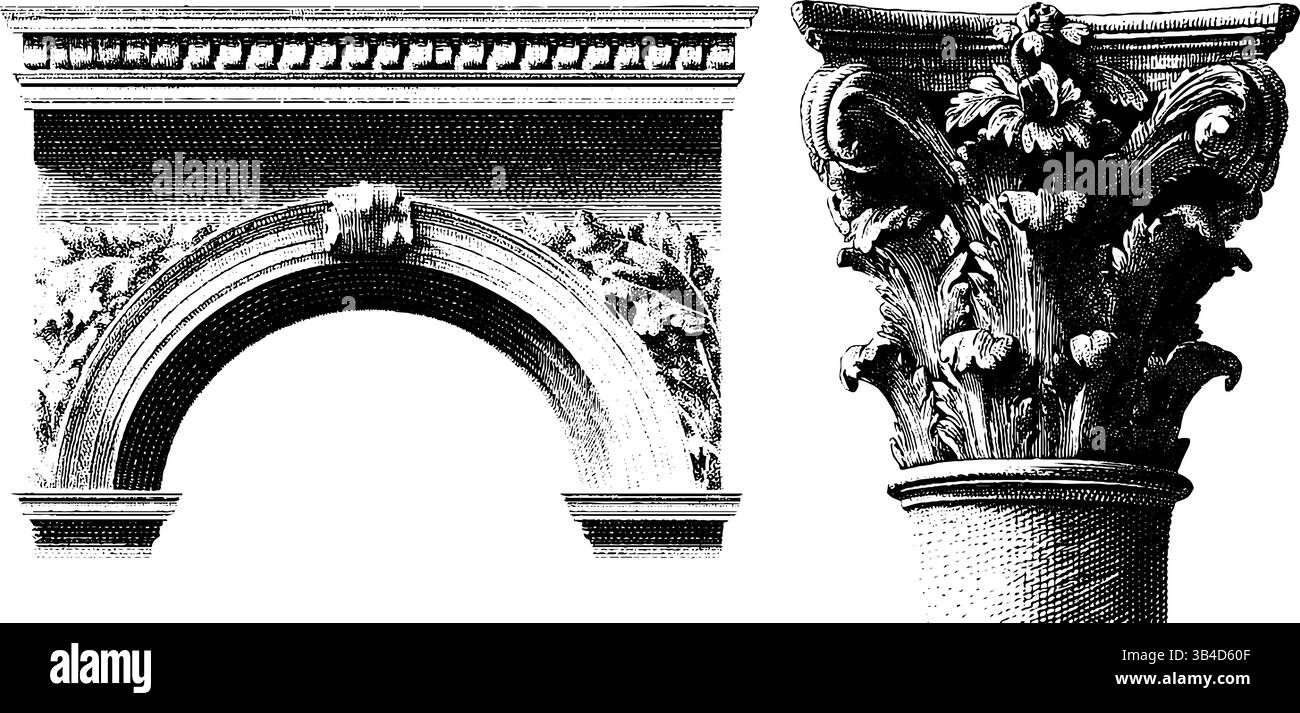 Vintage engraved architectural elements featuring triumphal arch and corinthian column design ...
