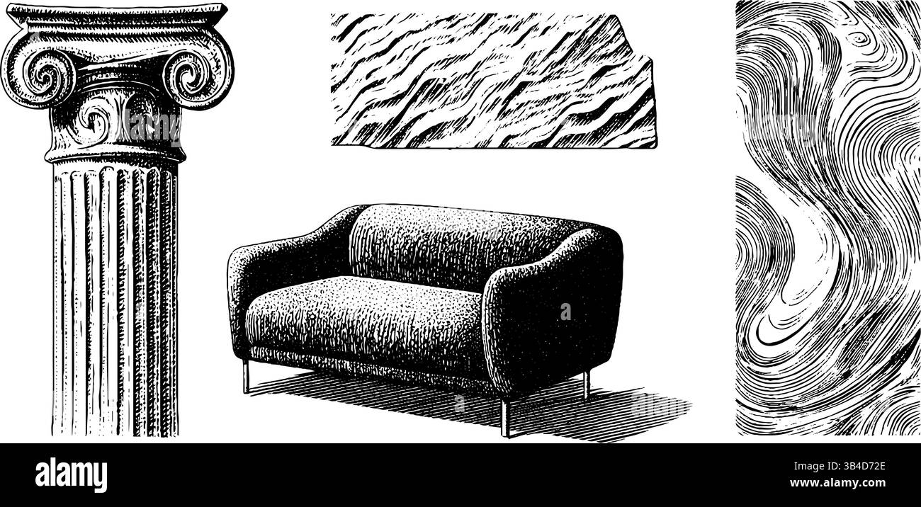 Vintage engraved illustration set featuring classical column, abstract ...