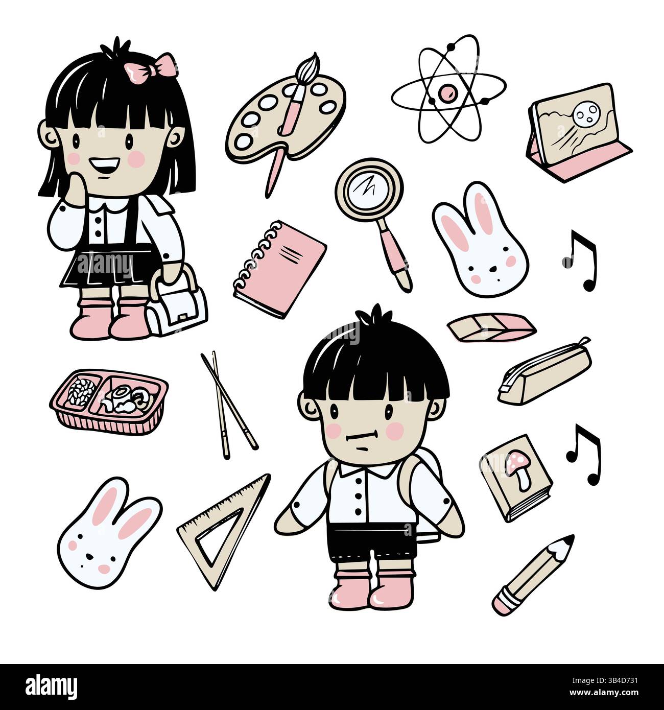 Chinese boy and girl schoolchildren and school supplies isolated ...