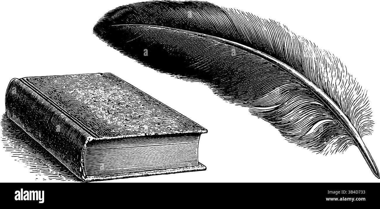 Vintage engraving of book and quill for classic literature designs ...