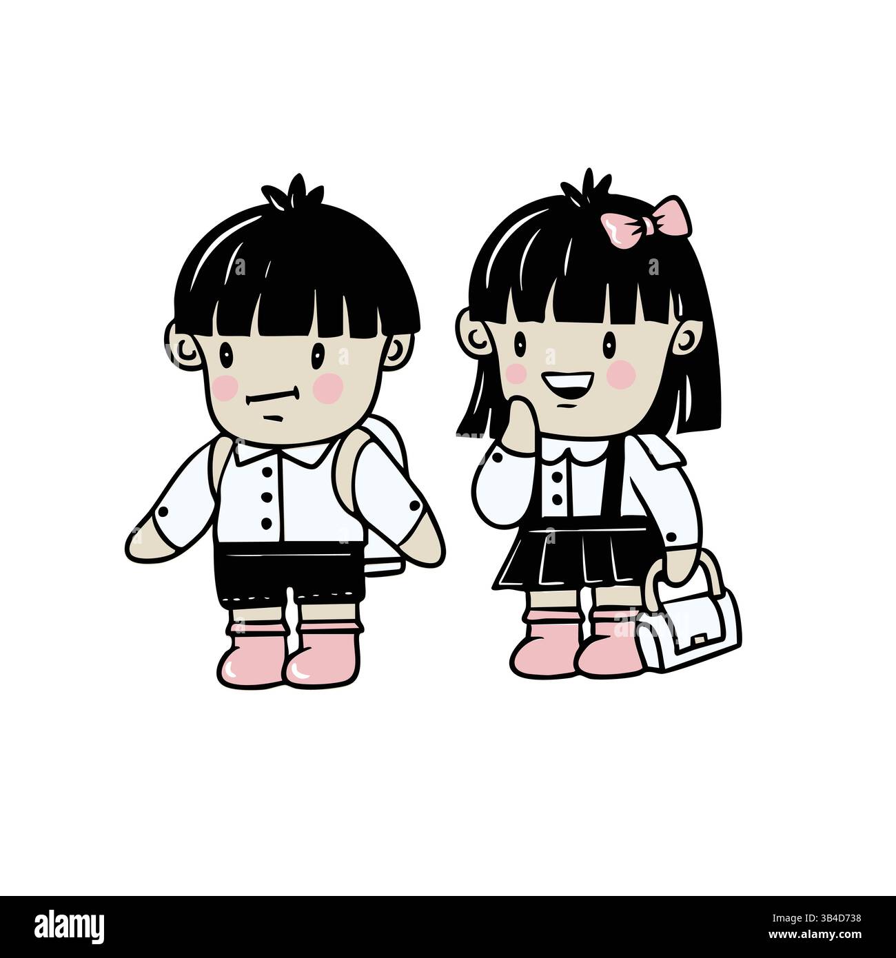 Chinese boy and girl schoolchildren and school supplies isolated ...