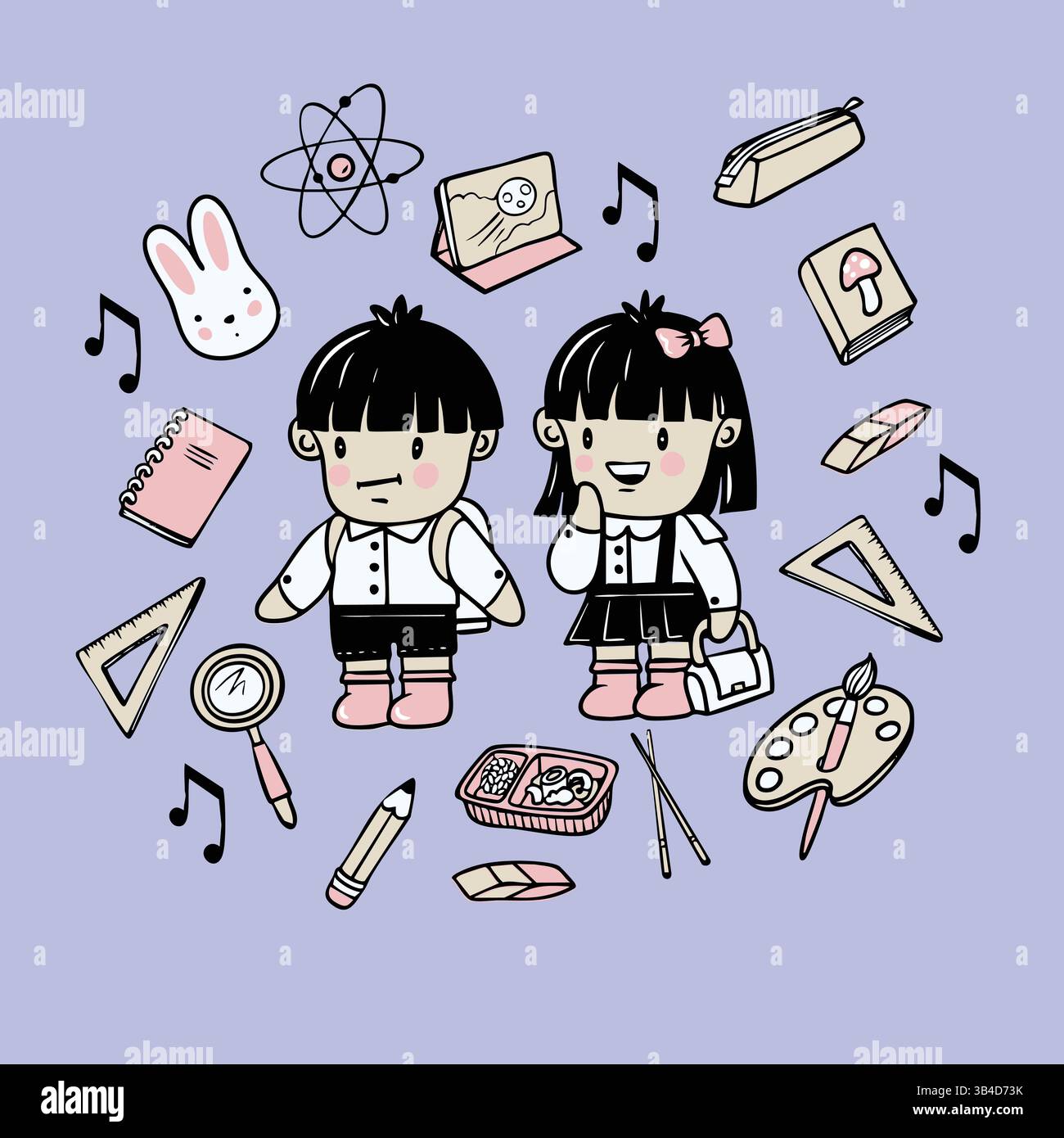 Chinese boy and girl schoolchildren and school supplies isolated ...