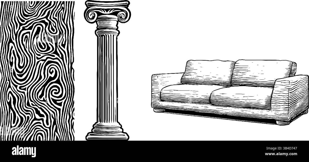 Engraved illustration of classical column and cozy sofa for artistic ...