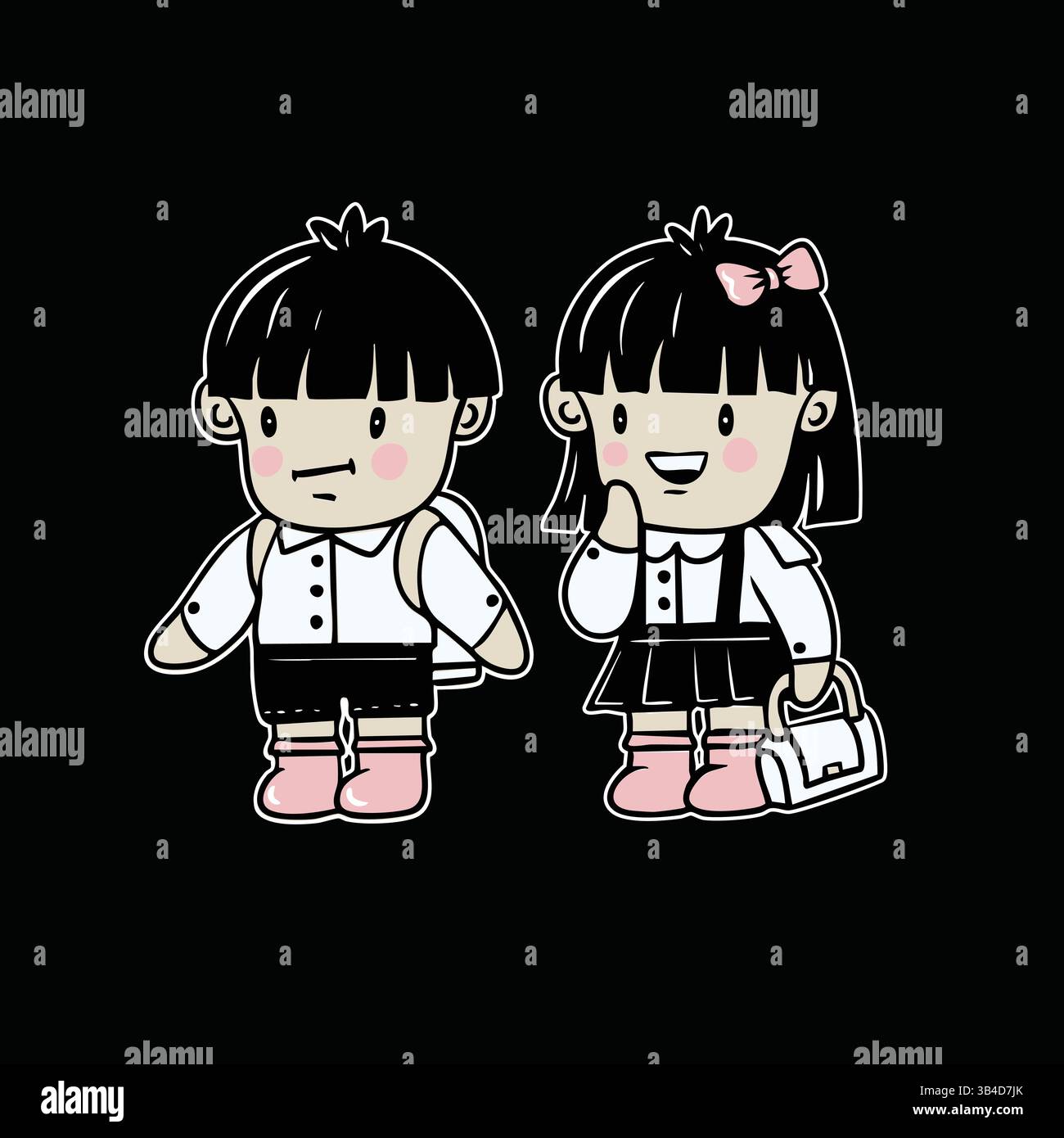 Chinese boy and girl schoolchildren and school supplies isolated ...
