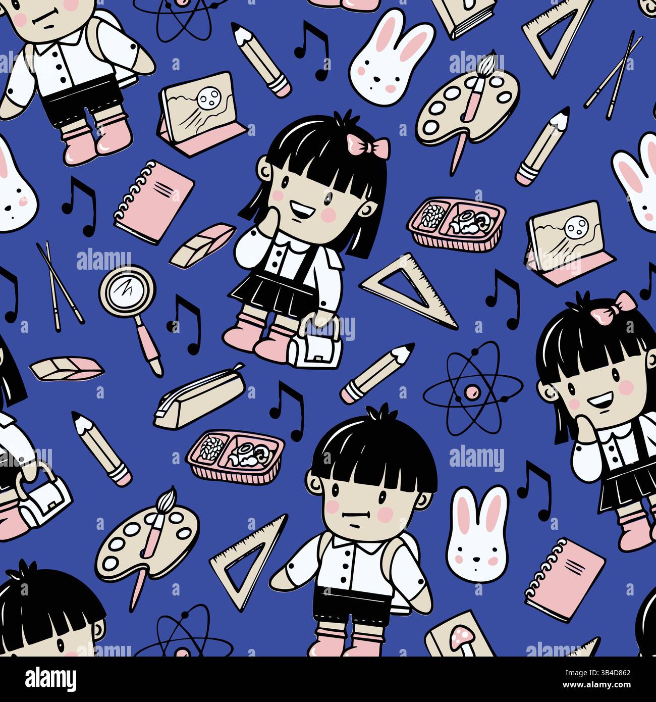 Chinese boy and girl schoolchildren and school supplies in cartoon ...