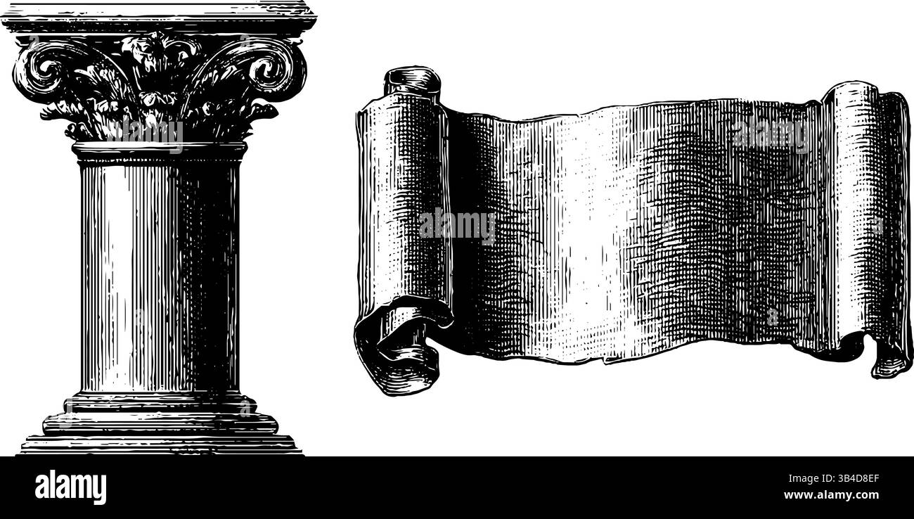 Engraved illustration of cathedral column and scroll for historical ...