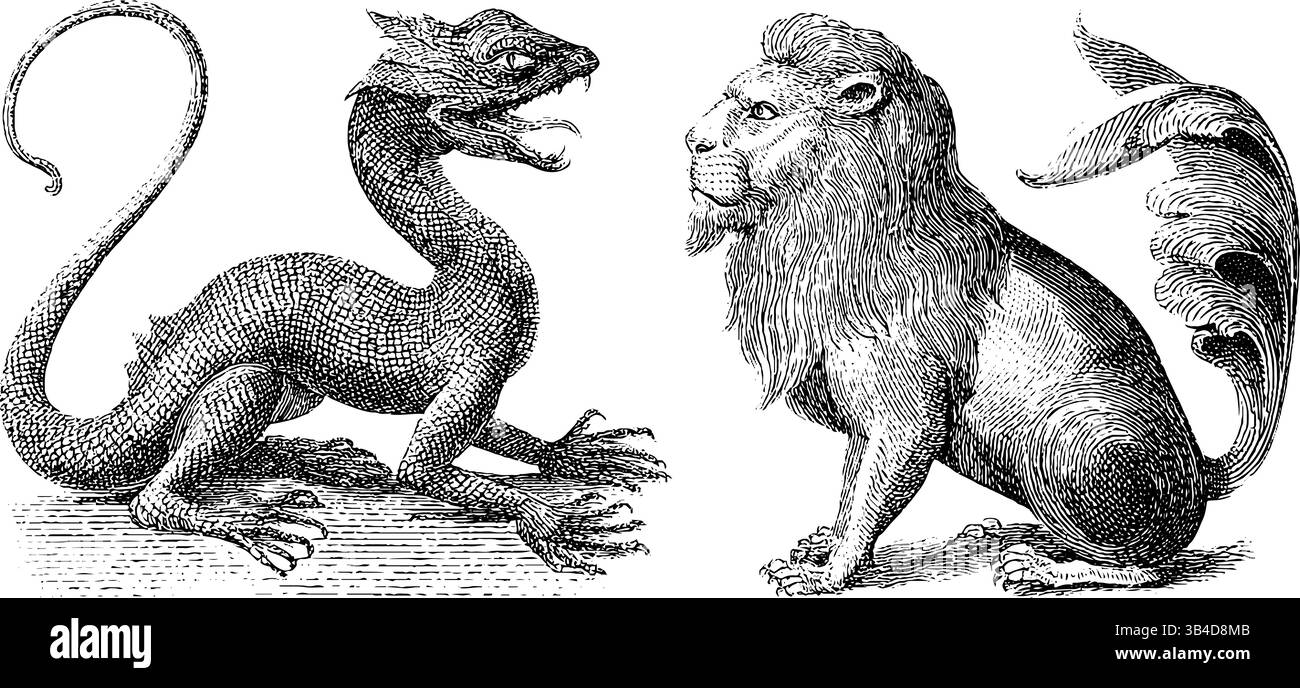 Engraved mythical creatures illustration featuring basilisk and ...