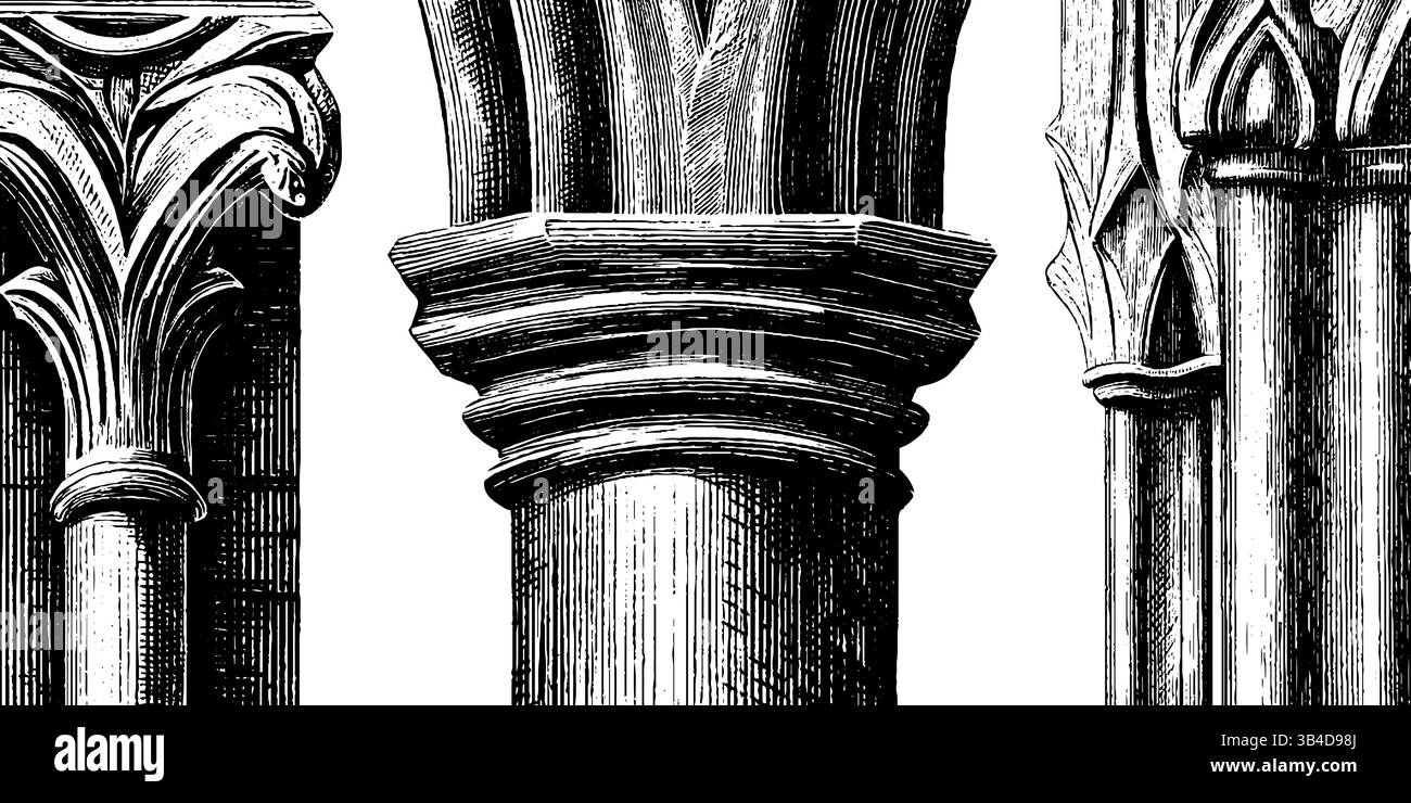 Intricate engraved illustrations of cathedral columns for architectural ...