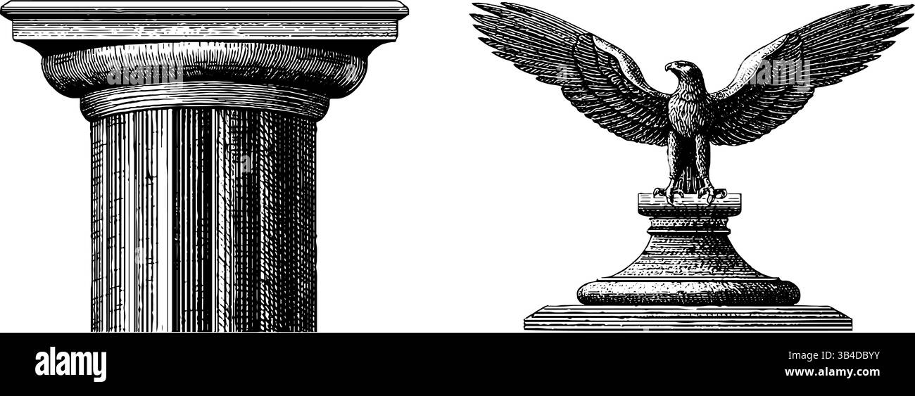Classical architecture elements with temple base and eagle sculpture ...