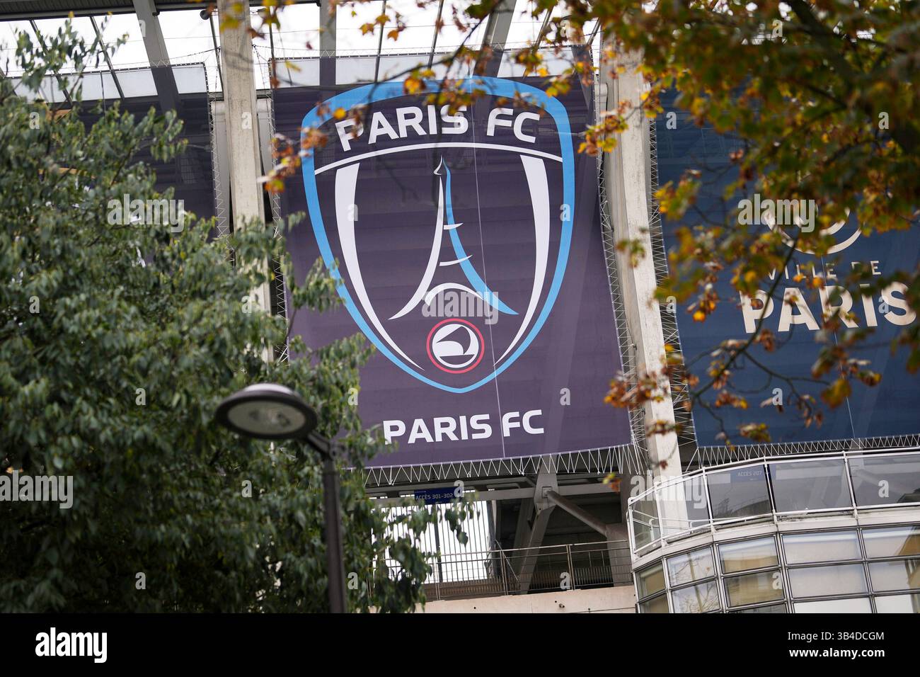 FILE - The Paris FC soccer club banner is seen outside the Charlety ...