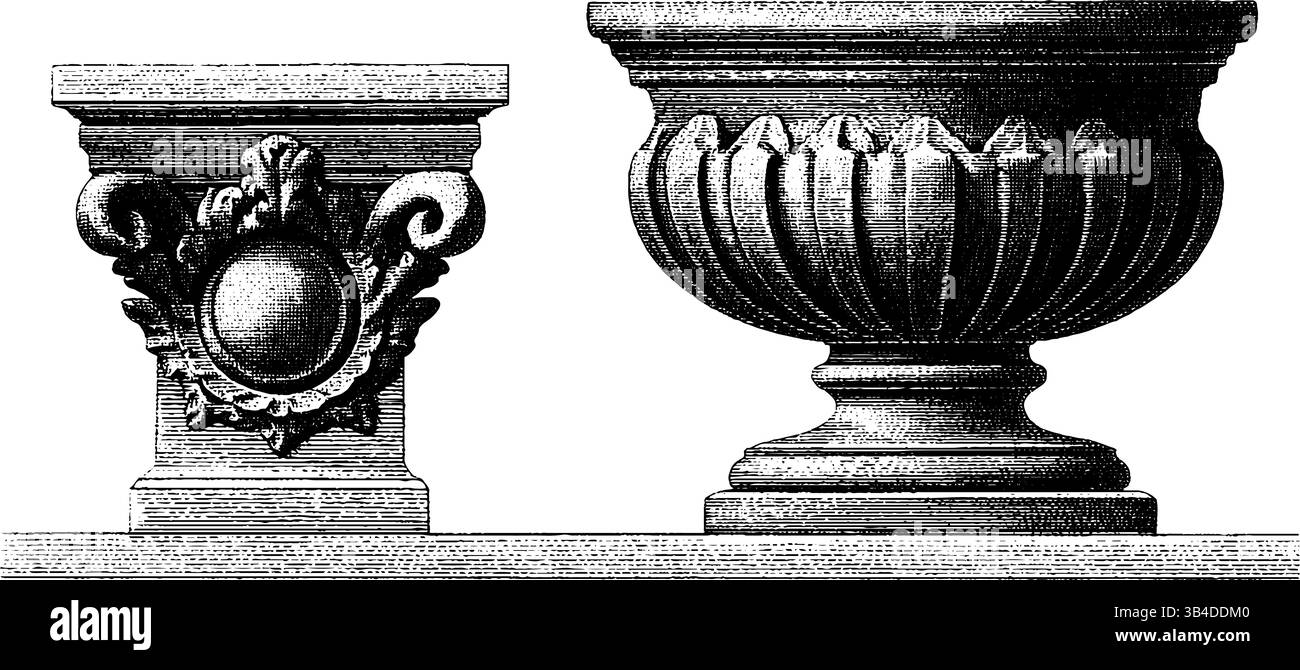 Antique engraved illustration of stone rosette and urn design for ...