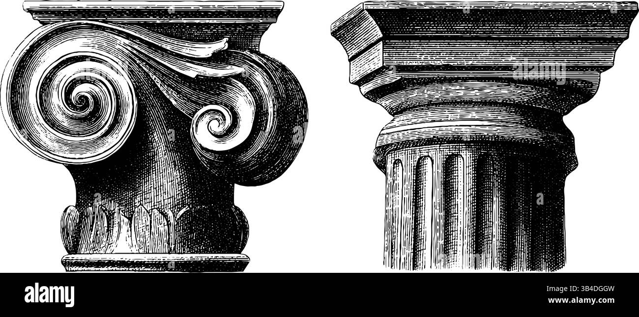 Classical ancient columns engraved illustrations of acropolis with ionic and doric designs for ...