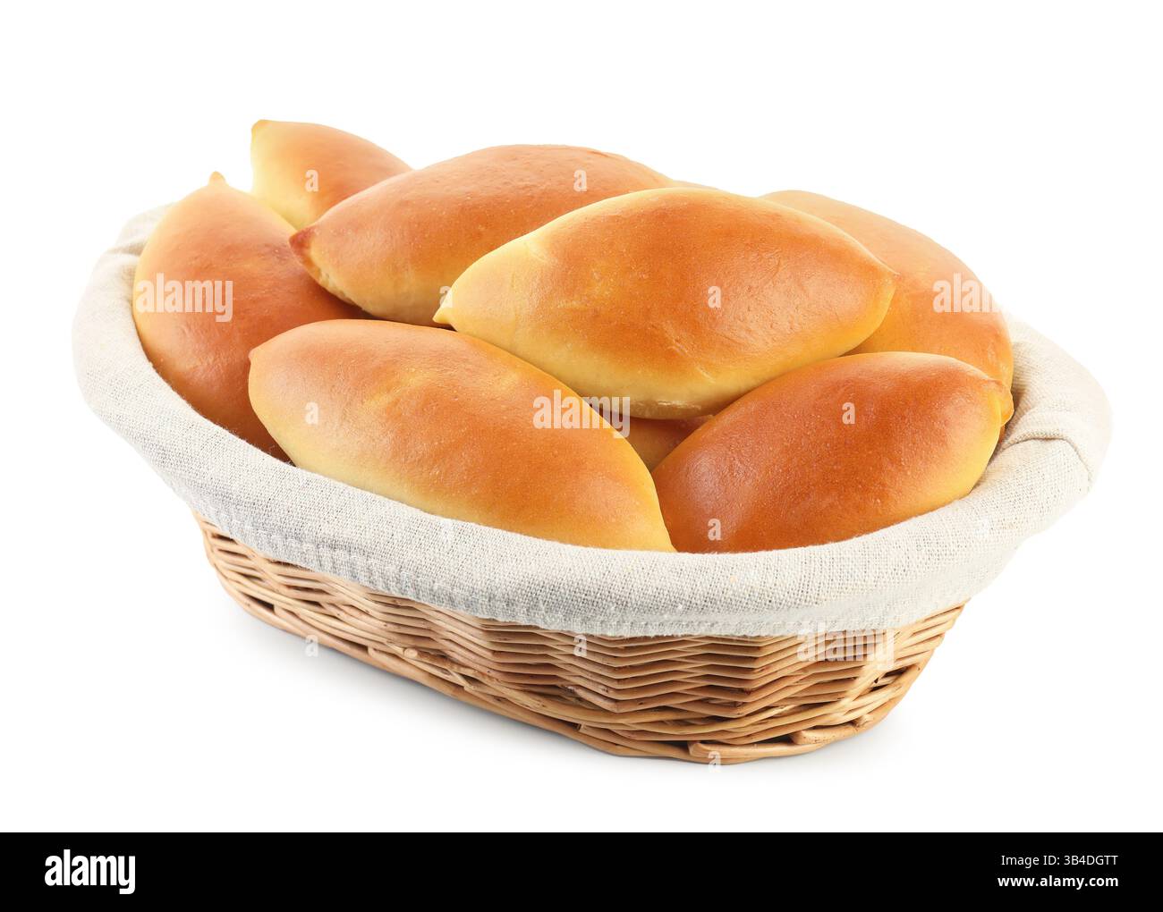 Tasty baked patties in basket isolated on white Stock Photo - Alamy