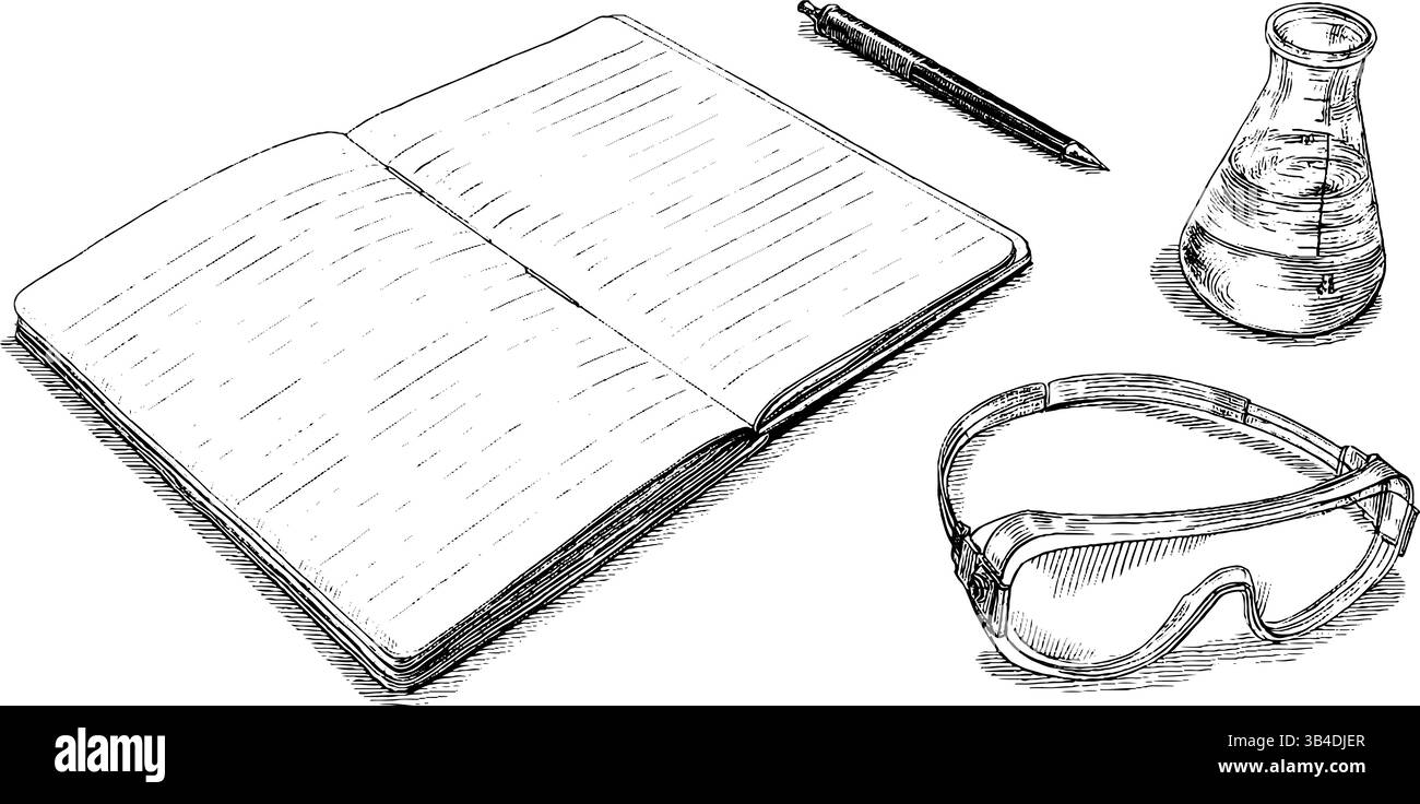 Scientific tools and safety equipment engraved illustration for ...