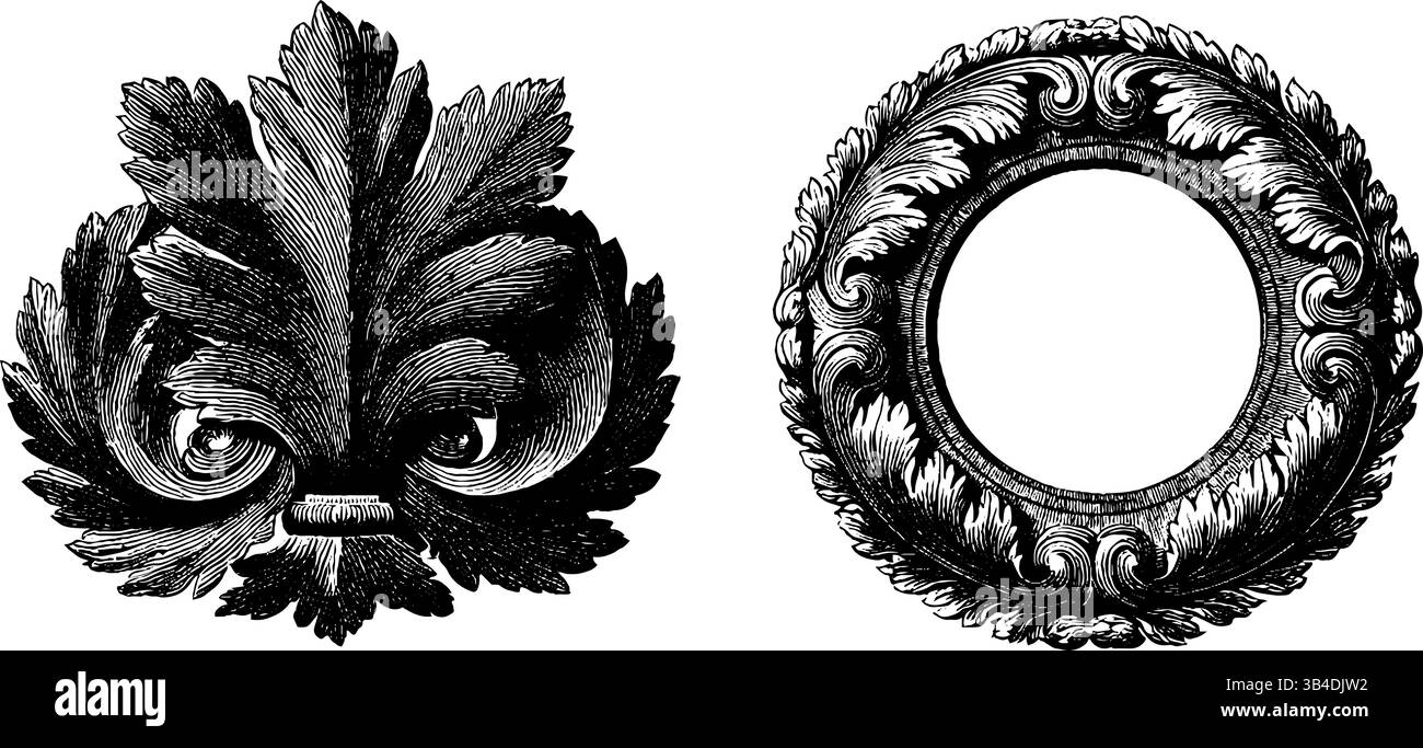 Engraved illustration set featuring roman scroll and laurel ornament ...