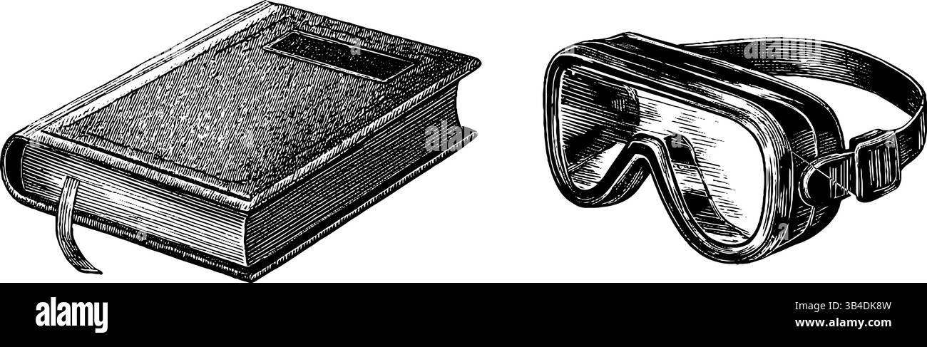 Engraved set featuring laboratory notebook and protective safety ...