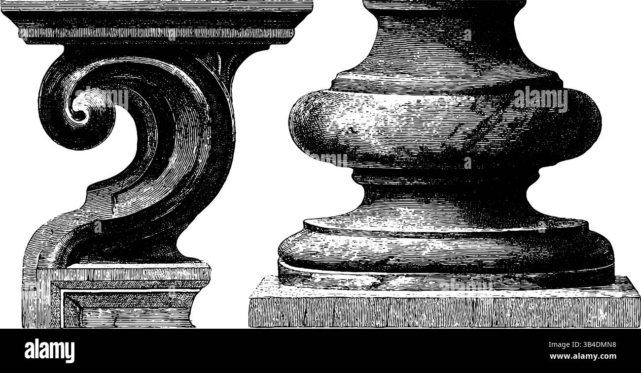 Vintage architectural elements: engraved pedestal base and scroll ...