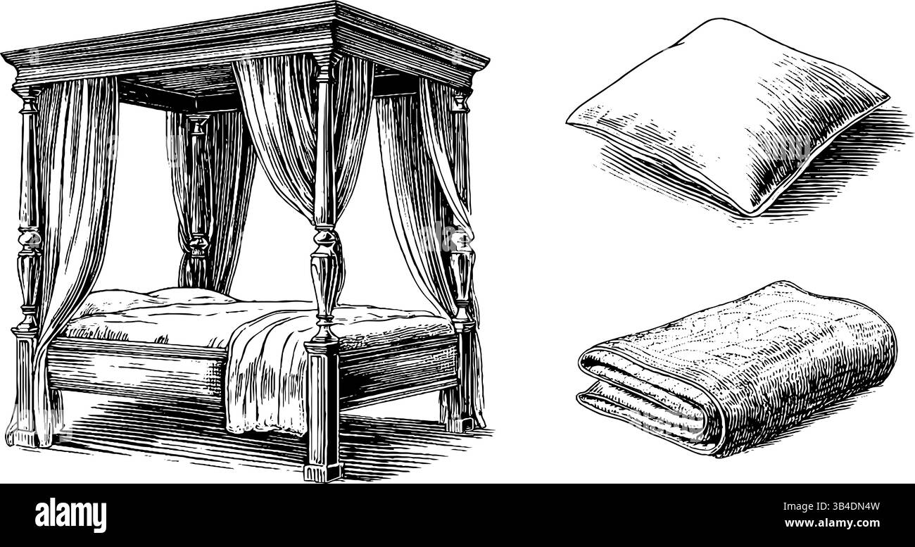 Vintage canopy bed with feather pillow and blanket engraving - antique ...