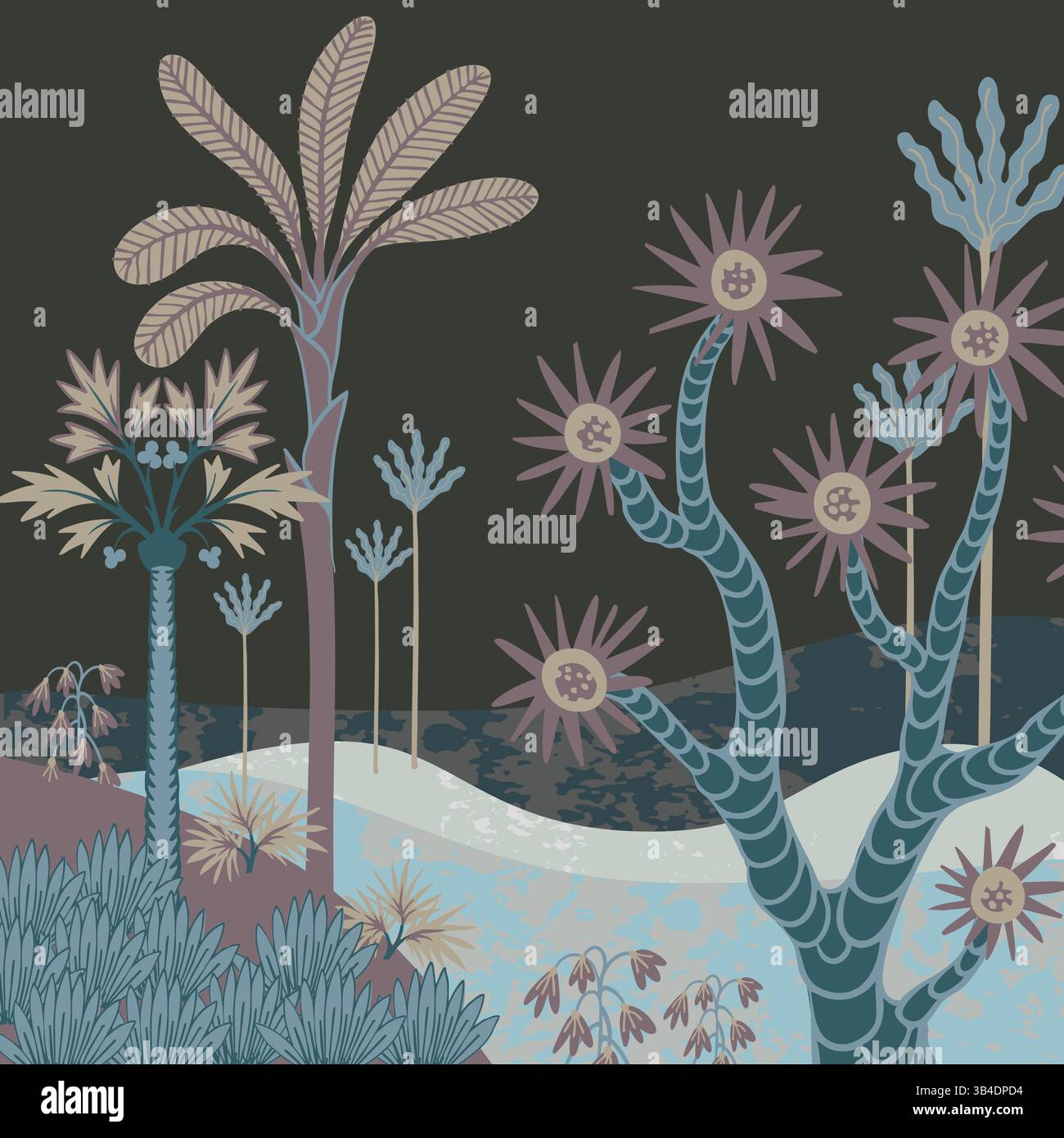 Mural with simple landscape with trees and plants. Tropical jungle ...