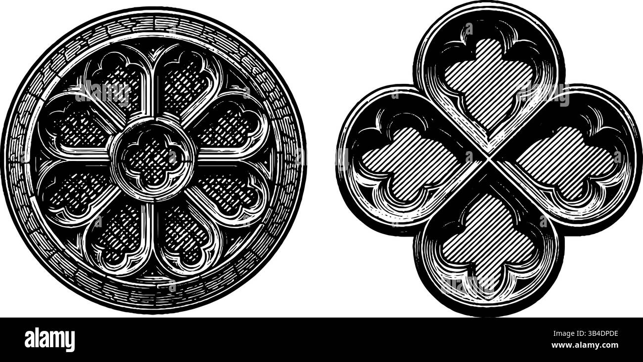 Engraved illustration set featuring ornate rose window and mullion ...