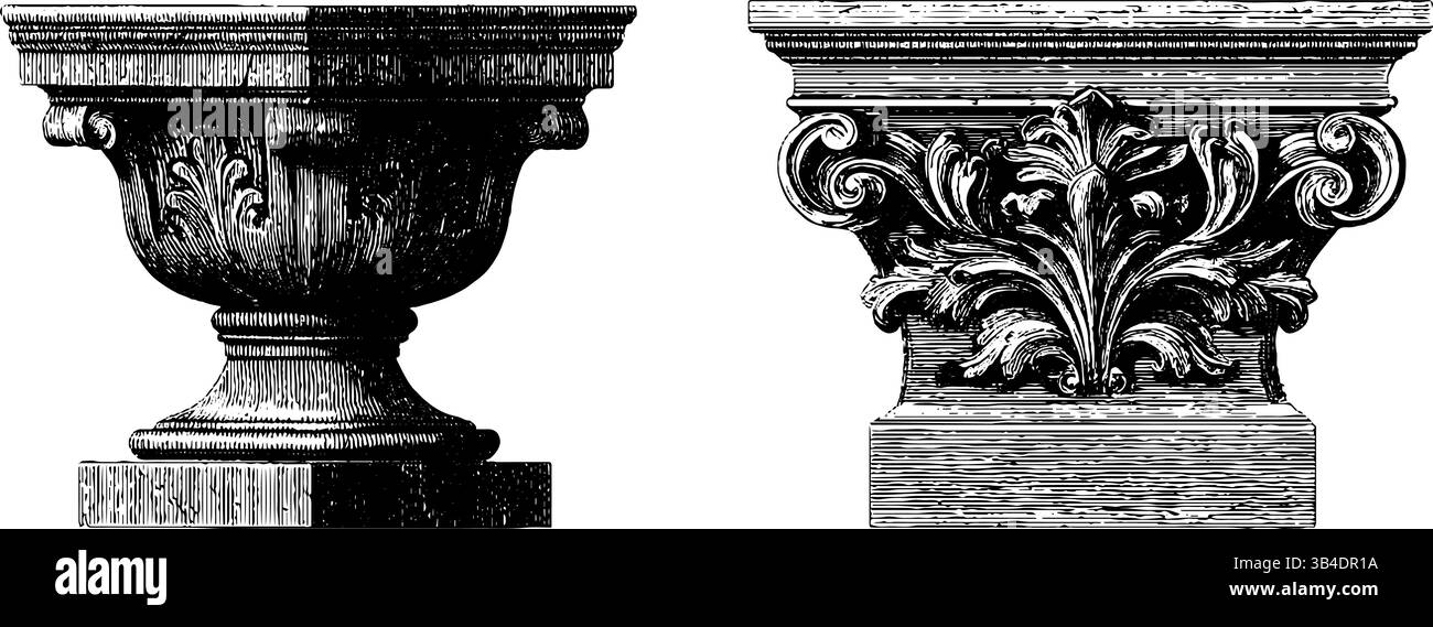 Intricate engraved illustration of architectural pedestal base and ...