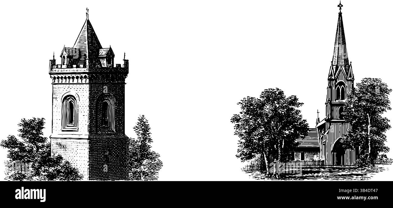 Engraved illustration set featuring gothic tower and hangings for ...