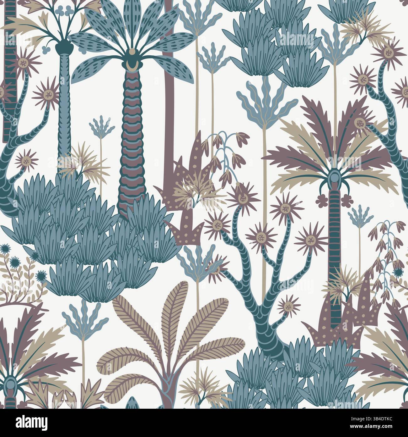 Seamless pattern with simple trees and plants. Tropical jungle vector ...
