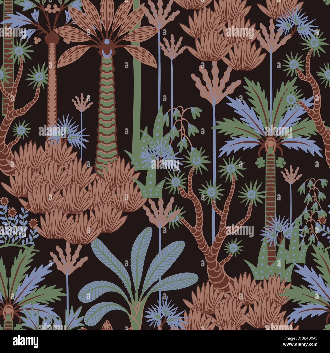 Seamless pattern with simple trees and plants. Tropical jungle vector ...